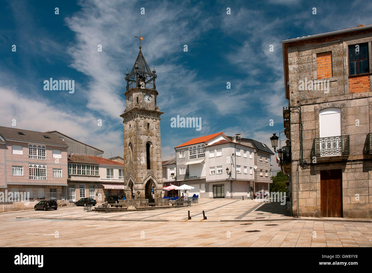 Main Square and Clock Tower, San Cristovo de Cea, Orense province ...
