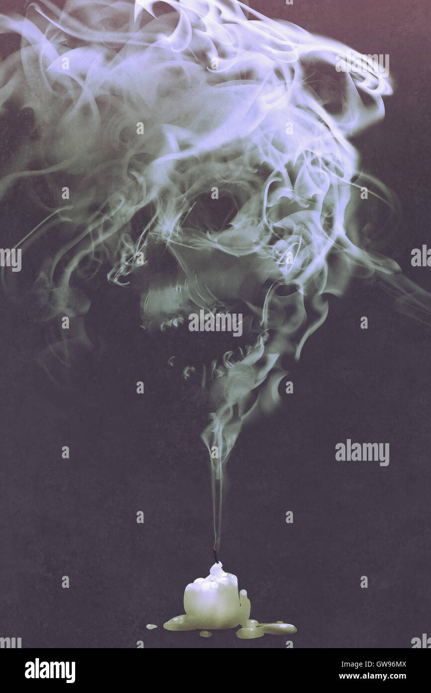 skull shaped smoke comes out from burnt candle,horror concept ...