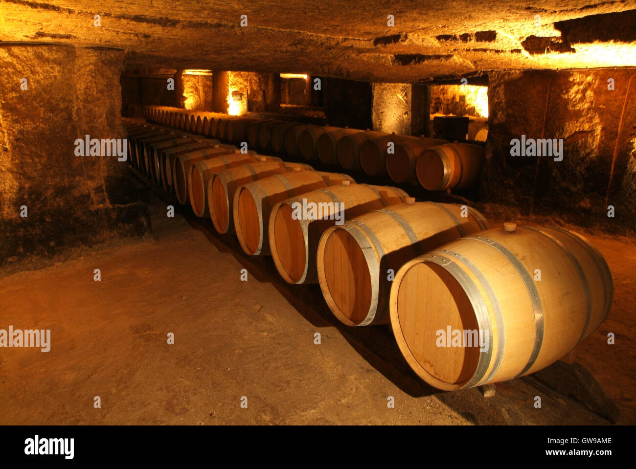 Wine barrels in cellar. Bordeaux Wineyard, France, Europe Stock Photo ...