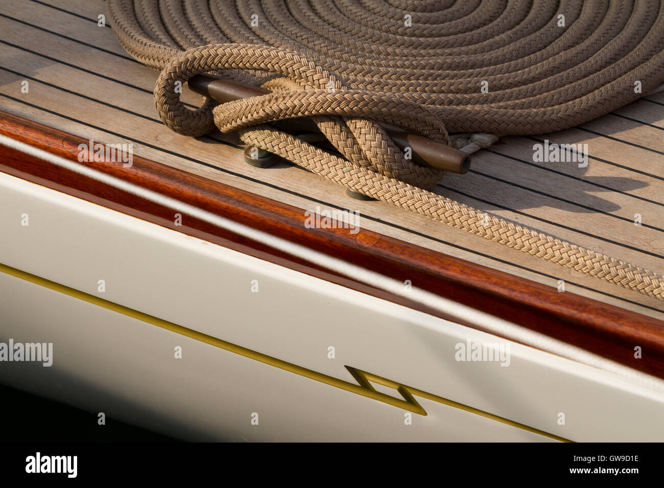 A line fixed to a cleat on 1938 classic sailing yacht "Serenade Stock ...