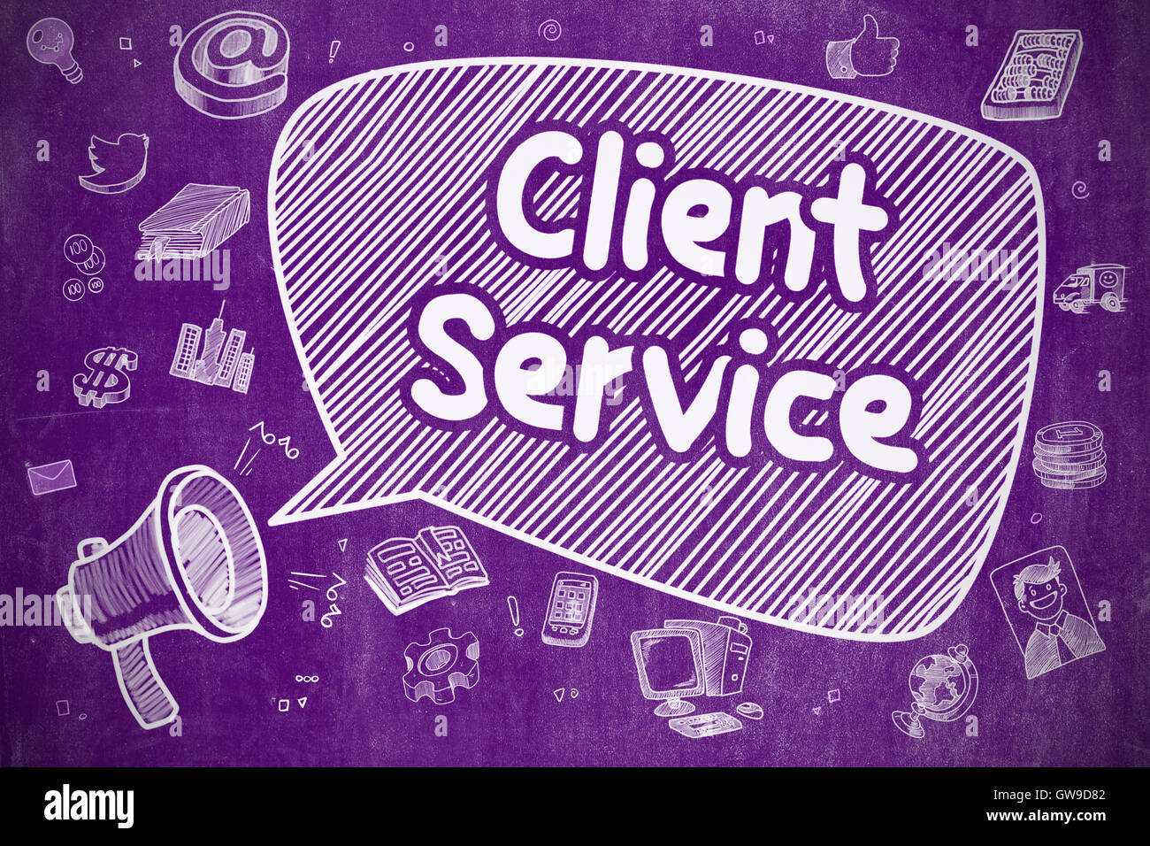 Client Service - Doodle Illustration on Purple Chalkboard Stock Photo ...