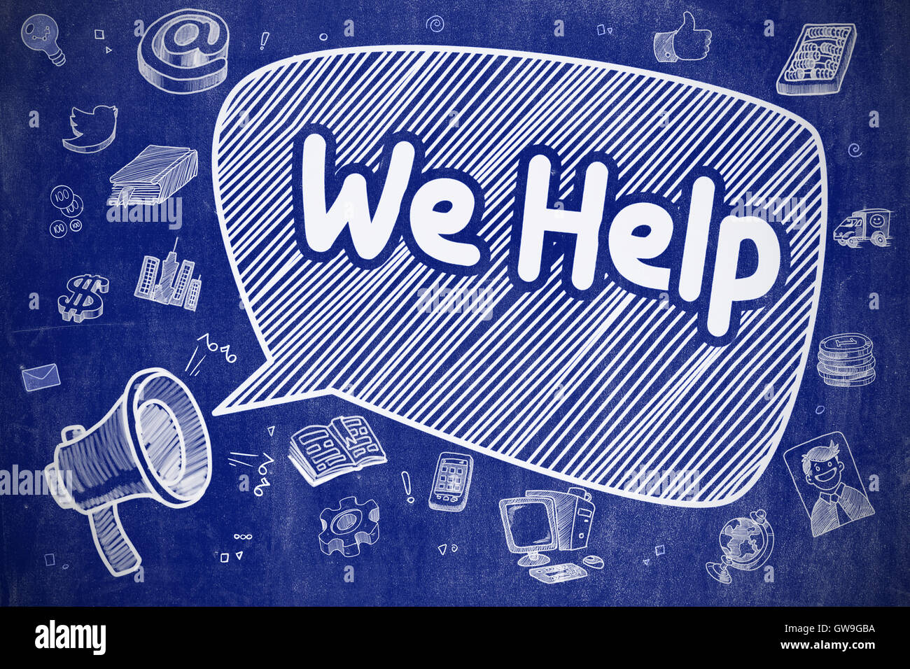 We Help - Cartoon Illustration on Blue Chalkboard Stock Photo - Alamy