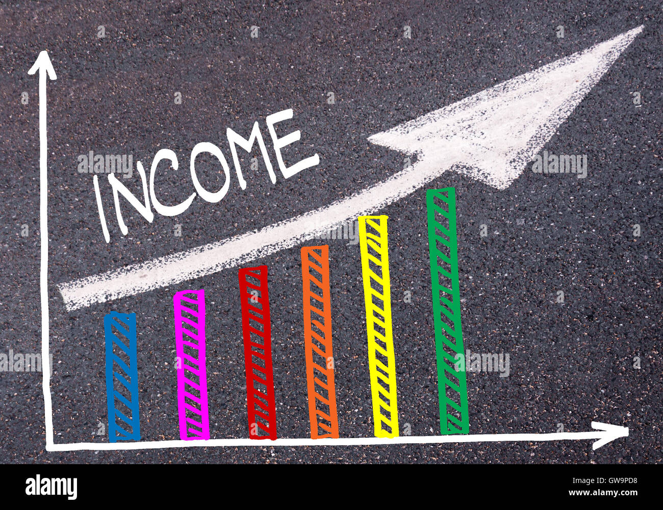 Colorful graph drawn over tarmac and word INCOME with directional arrow ...