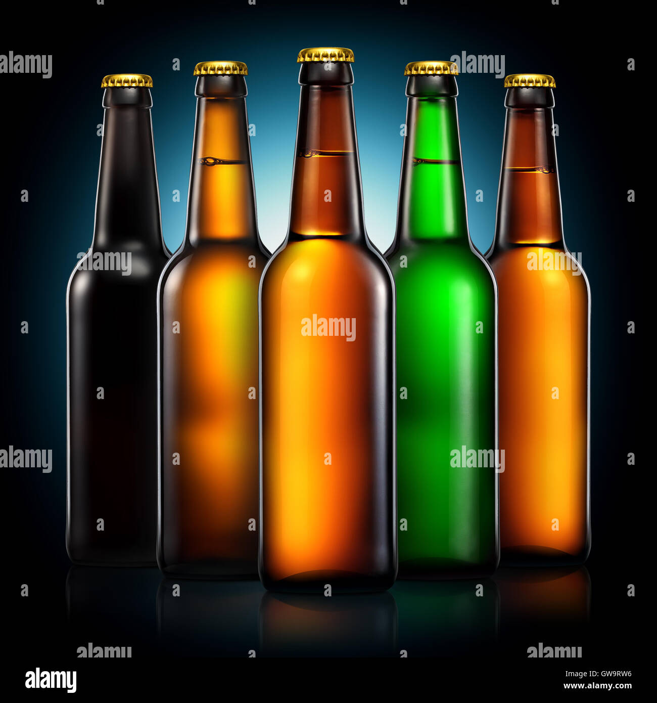 Set of beer bottles isolated on black background Stock Photo - Alamy