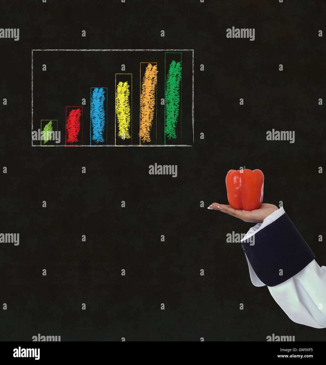 African woman chef with chalk bar graph on blackboard background Stock ...