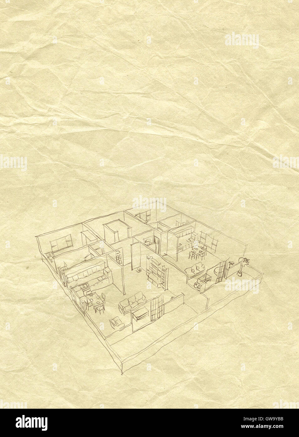 2d freehand sketch drawing perspective view of furnished home apartment ...