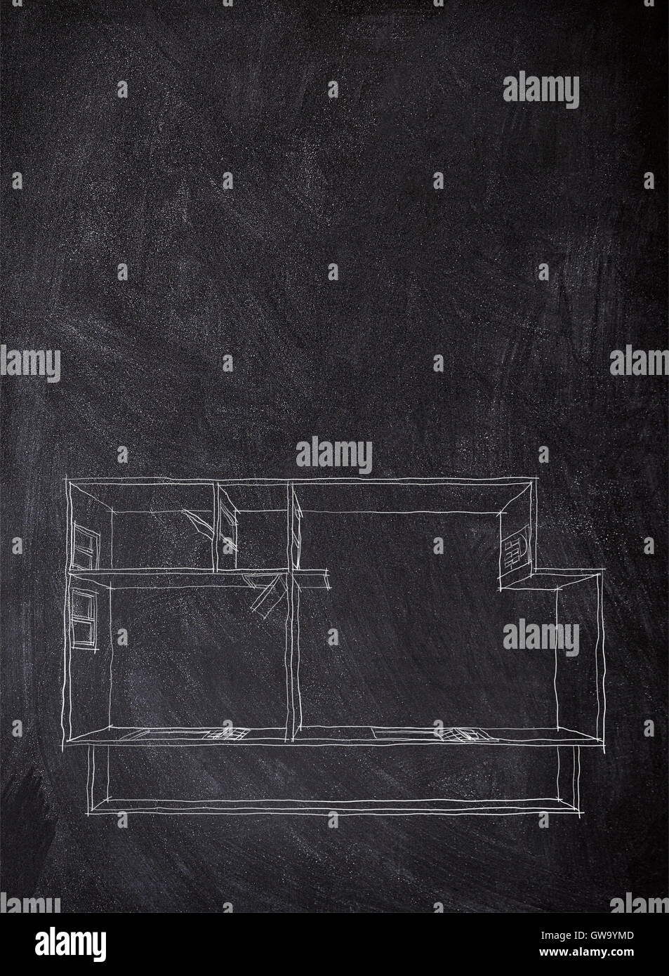 2d chalk freehand sketch drawing plan view of empty home apartment on ...