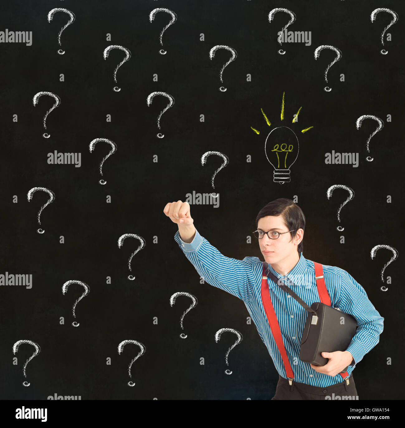 Nerd geek businessman student teacher chalk exclamation marks Stock ...