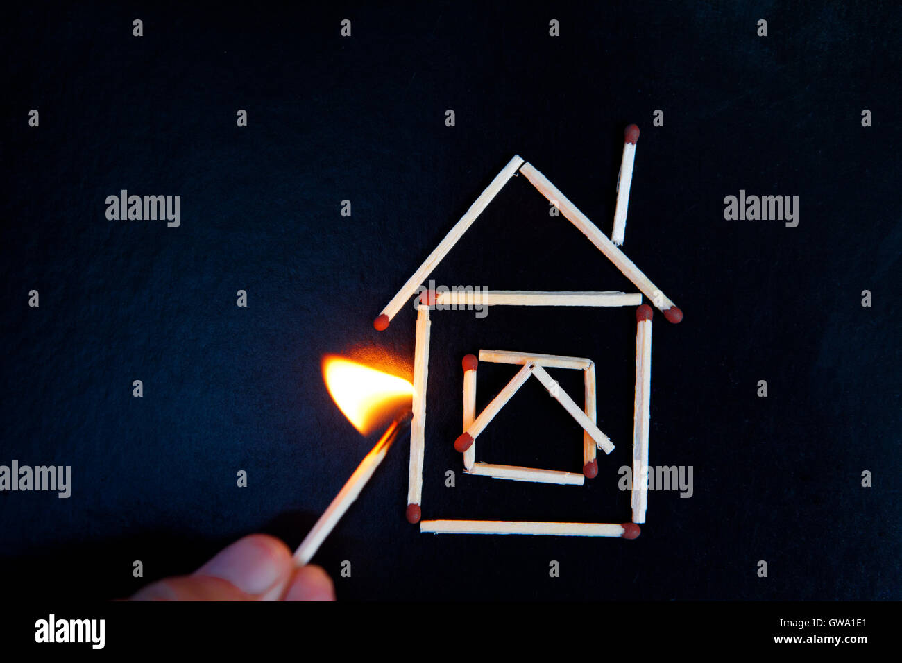 Burning wooden house model hi-res stock photography and images - Alamy