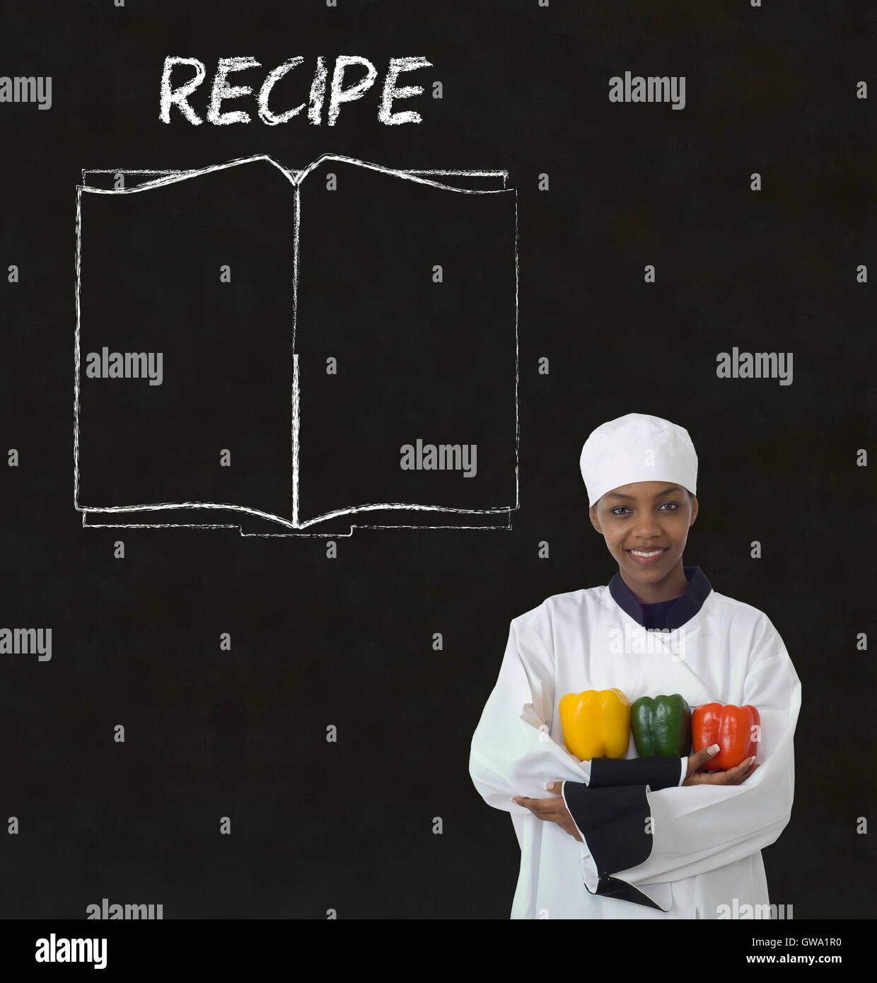 Chef with recipe book on chalk blackboard menu background Stock Photo ...