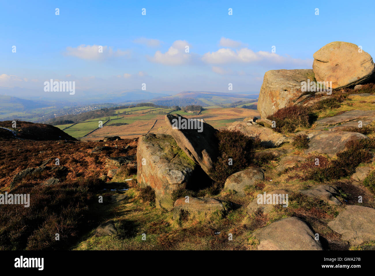 View of Gritstone rocks on Hathersage Moor, Derbyshire County; Peak ...