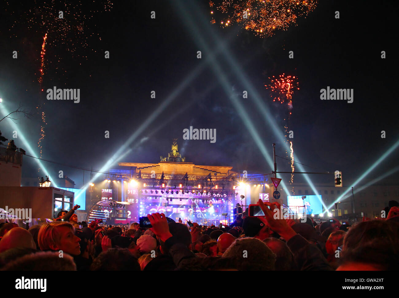 BERLIN, GERMANY - JANUARY 1, 2012: Crowd celebrates the New Year on the ...