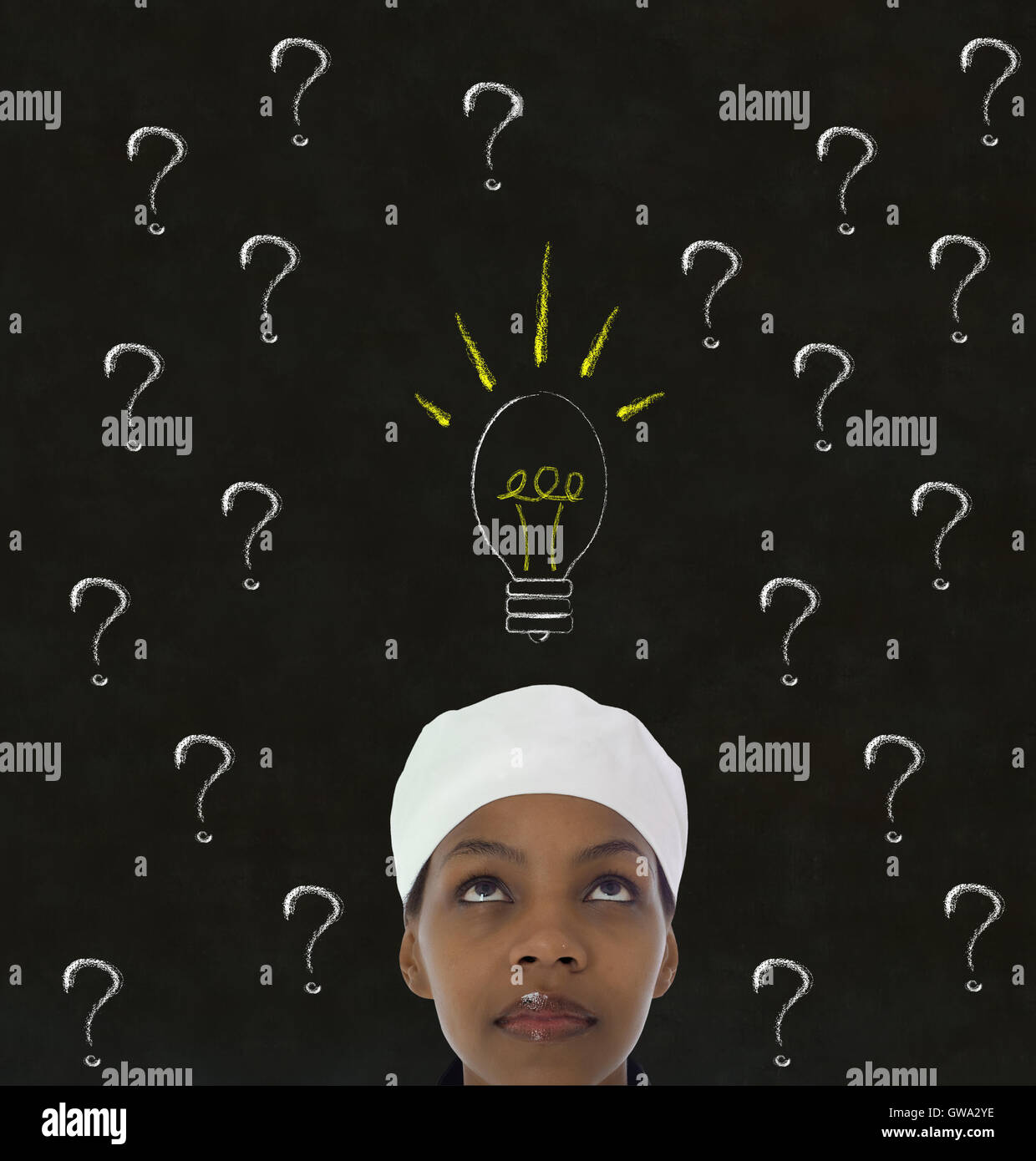 African American Chef with chalk question ideas Stock Photo - Alamy