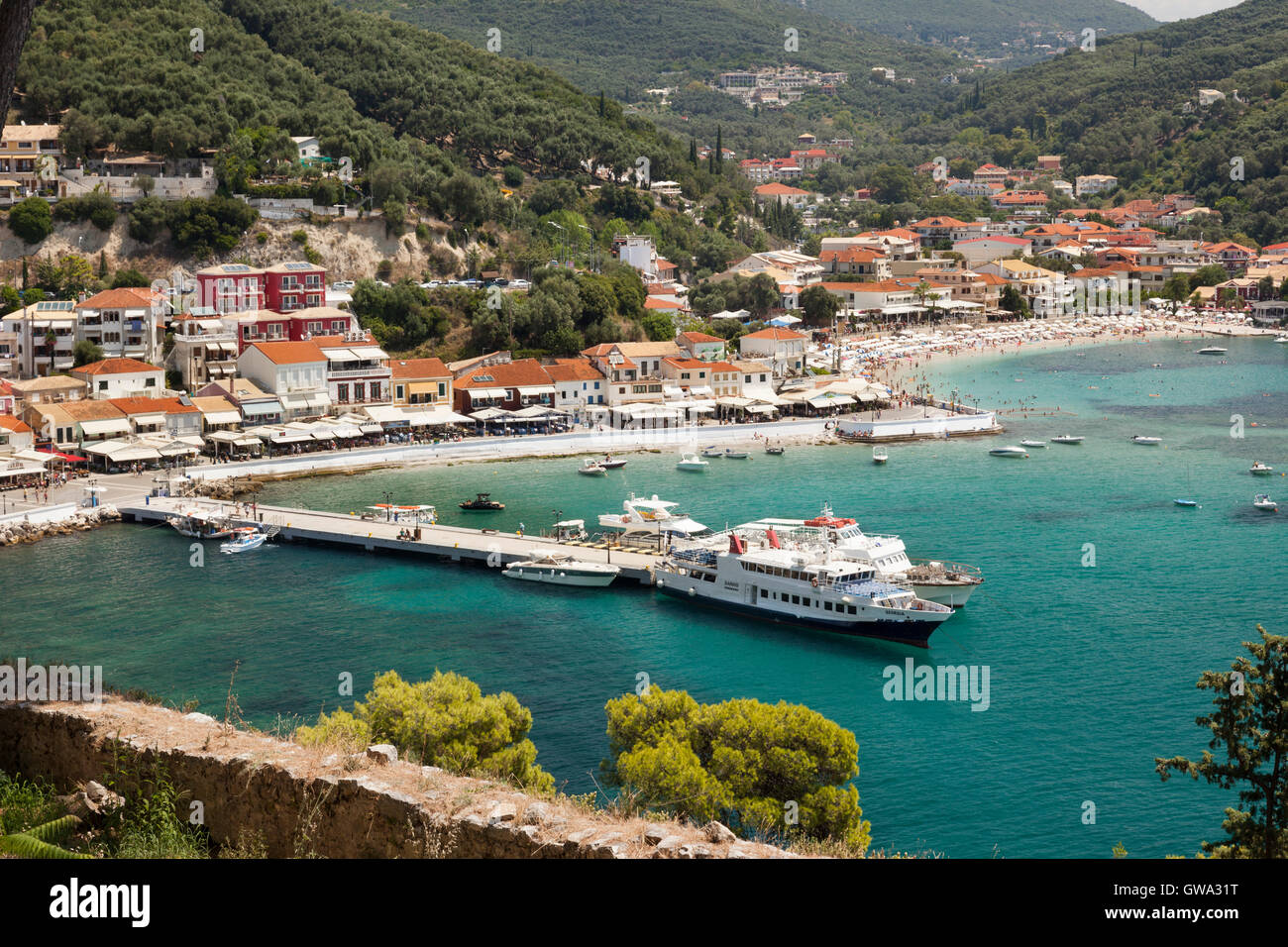 View of Parga town and harbour from the old hillside caslte, Greece ...