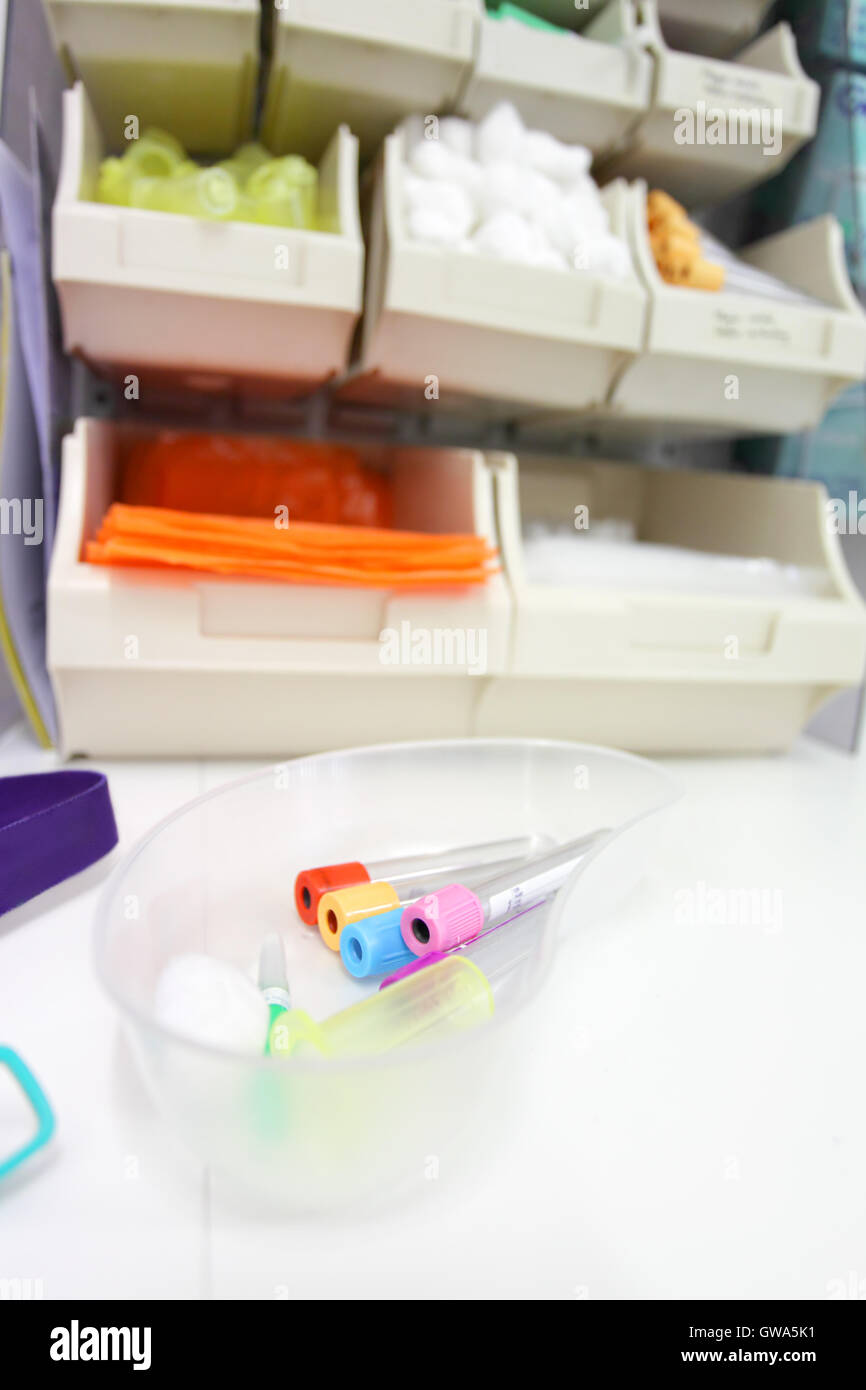 Phlebotomy blood collecting tubes in a pathology or hospital cli Stock ...