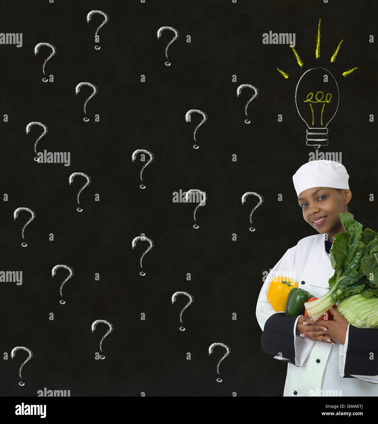 African American Chef with chalk question ideas Stock Photo - Alamy