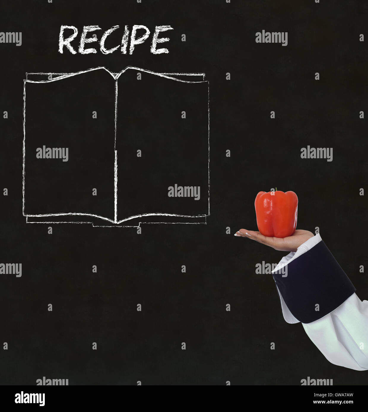 Chef with recipe book on chalk blackboard menu background Stock Photo ...