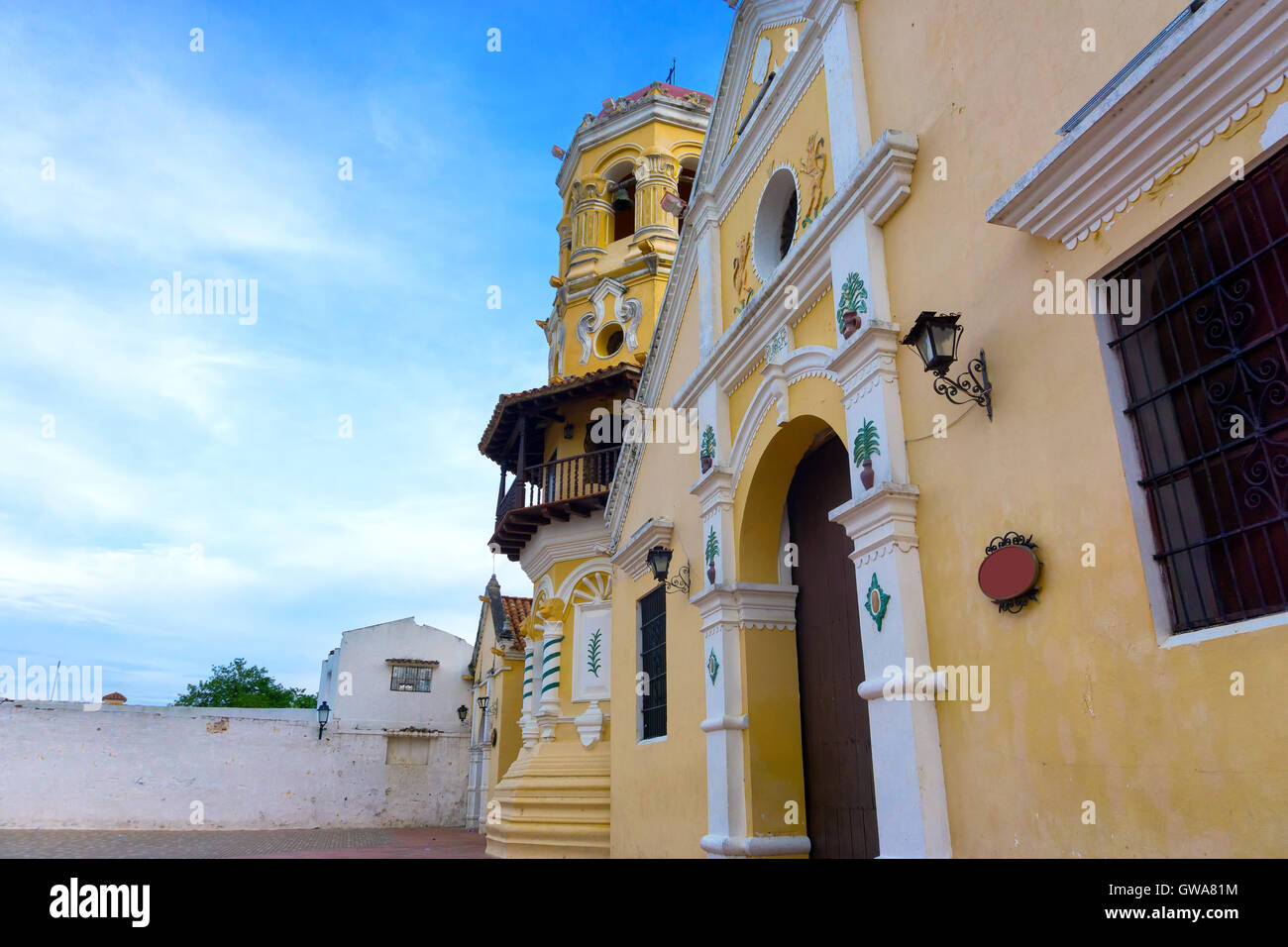 View of the colorful Santa Barbara church in historic Mompox, Colombia ...