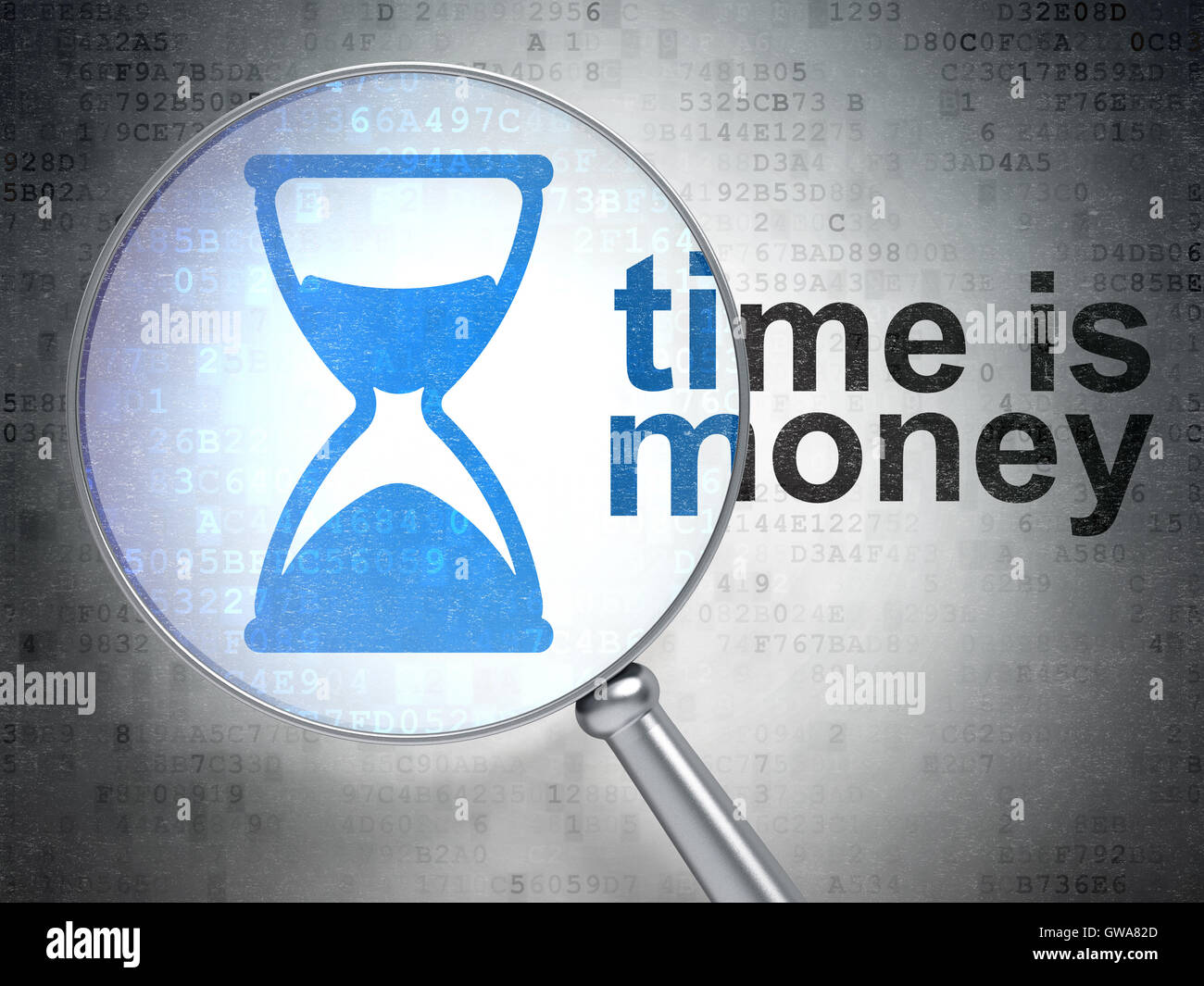 Time concept: Hourglass and Time is Money with optical glass Stock ...