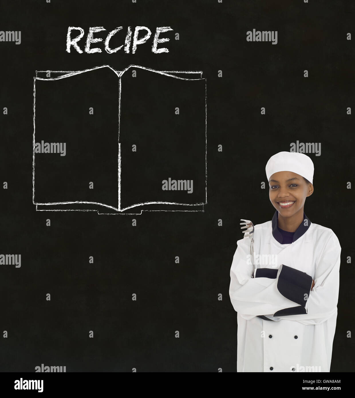 Chef with recipe book on chalk blackboard menu background Stock Photo ...