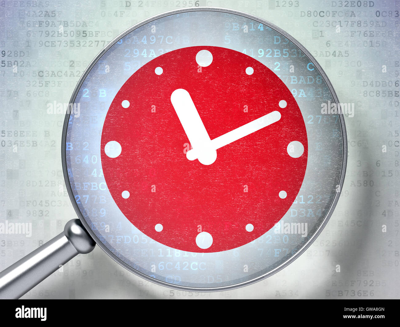 Timeline concept: Clock with optical glass on digital backgroun Stock ...