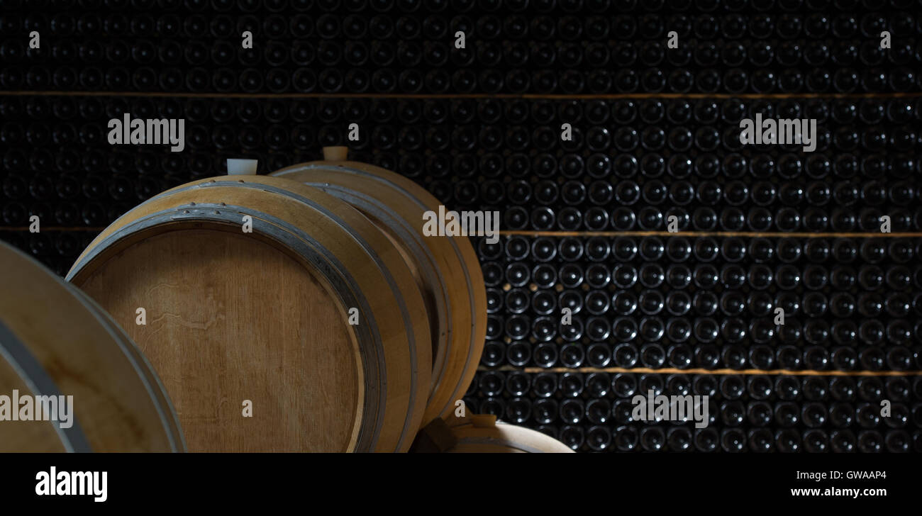 Underground wine cellar, Wooden barrels, bottles storage, Bordeaux ...