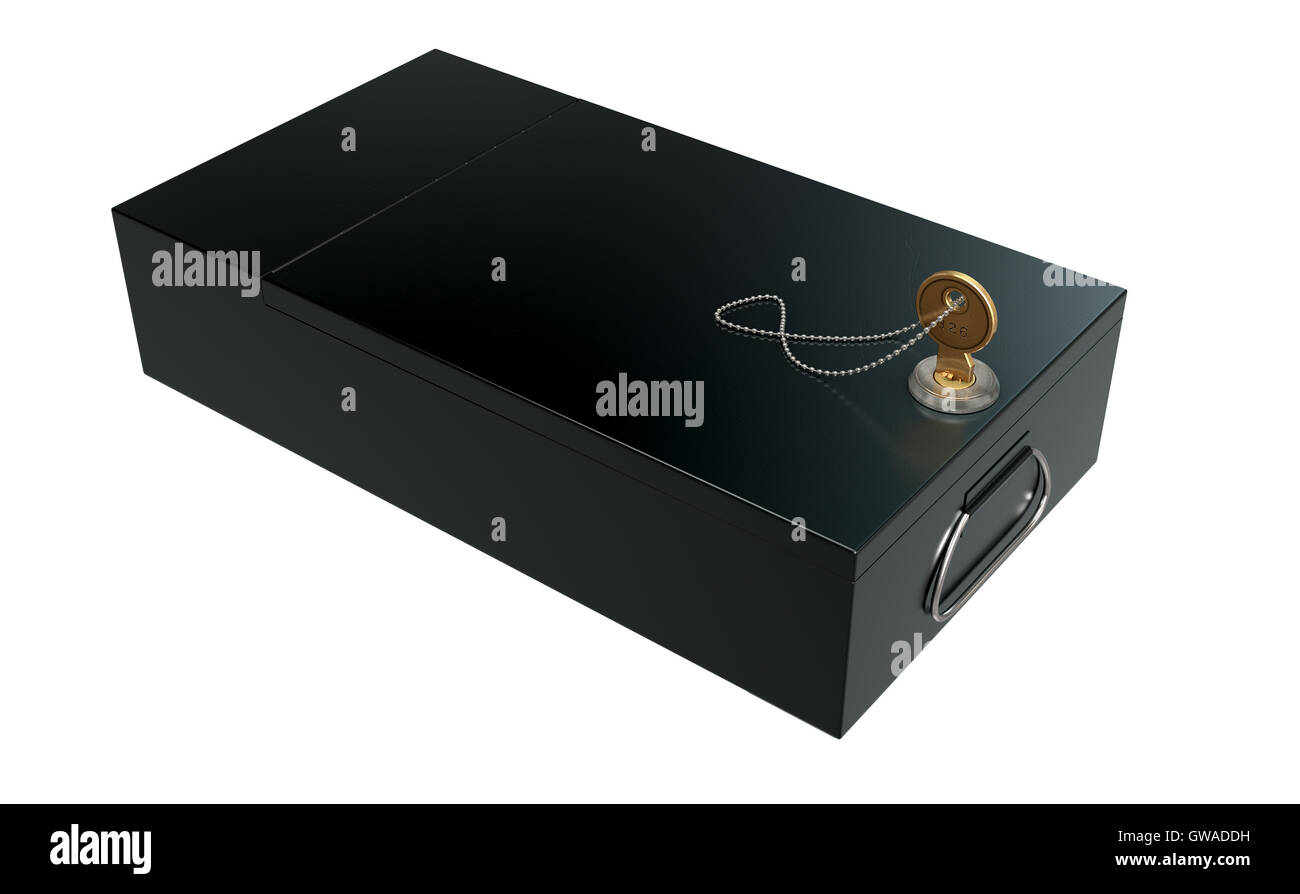 A 3D render of a closed black bank safe deposit box with a key in the ...