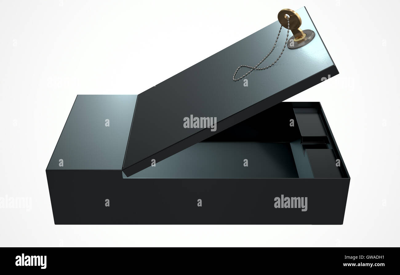 A 3D render of an opened black bank safe deposit box with a key in the ...