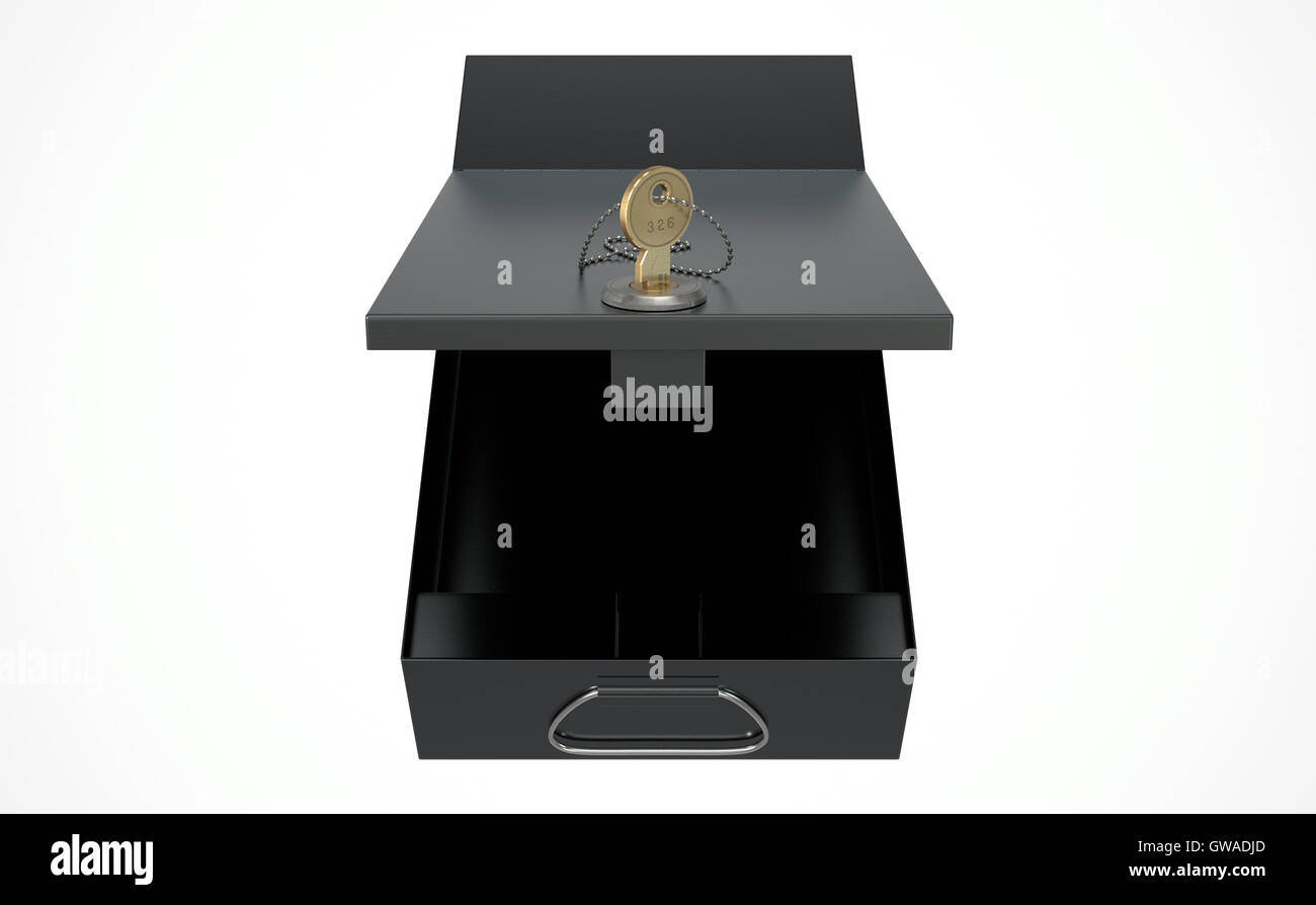 A 3D render of an opened black bank safe deposit box with a key in the ...