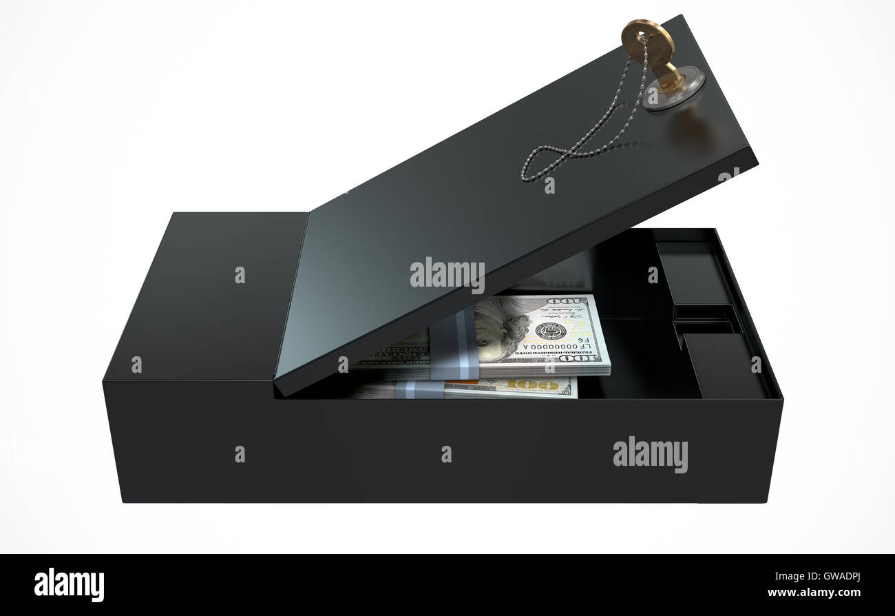 A 3D render of an opened black bank safe deposit box revealing a ...