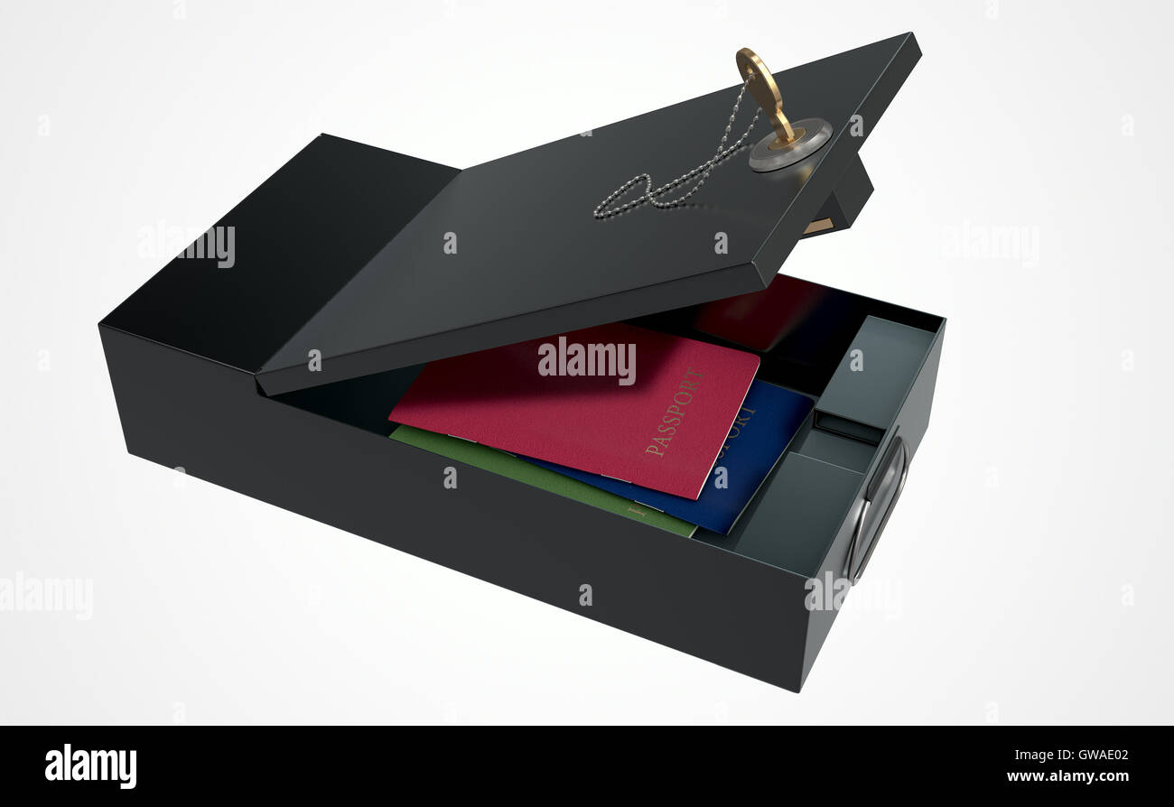 A 3D render of an opened black bank safe deposit box revealing a ...