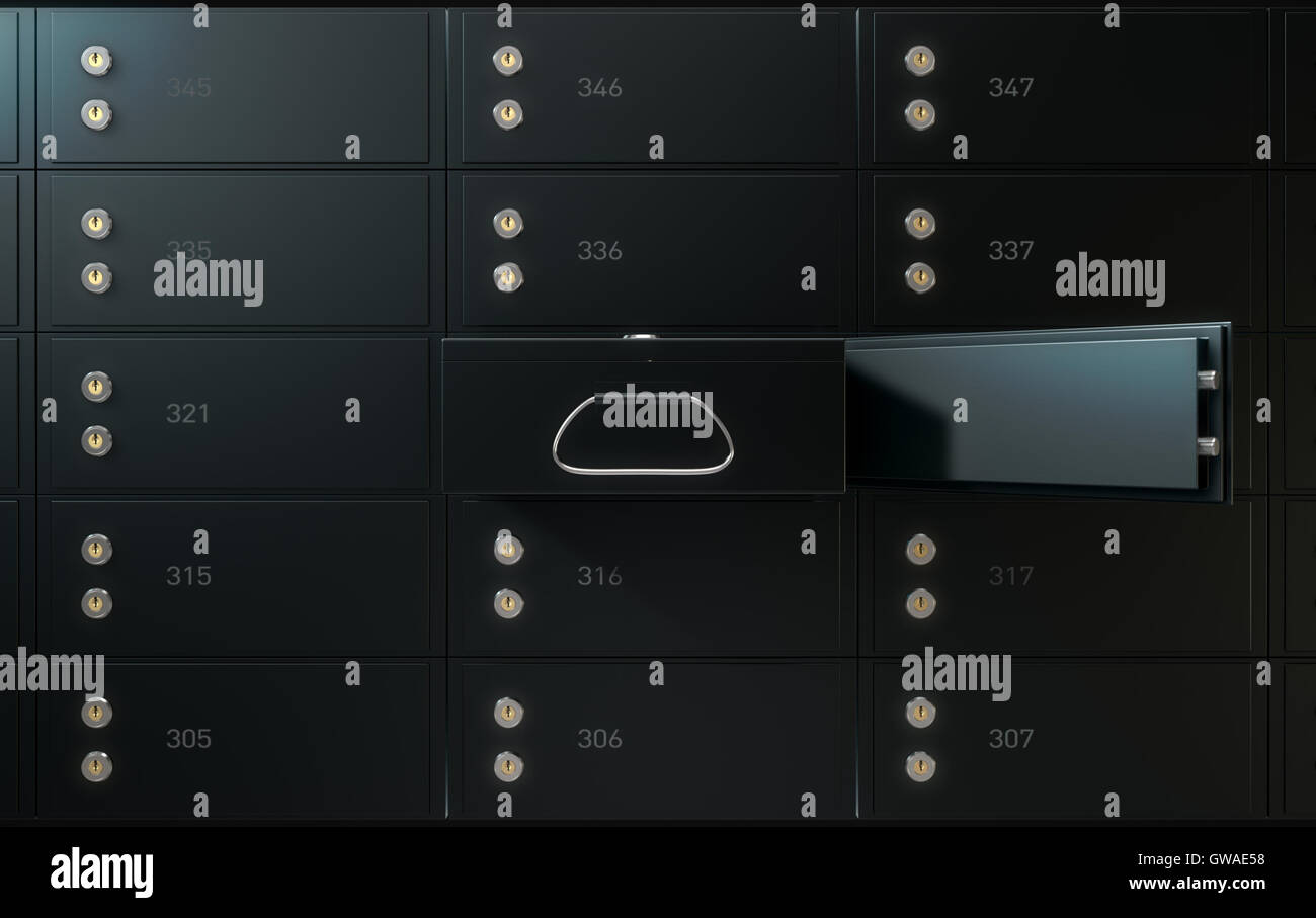 A 3D render of a wall of black numbered metal safe deposit boxes in a ...