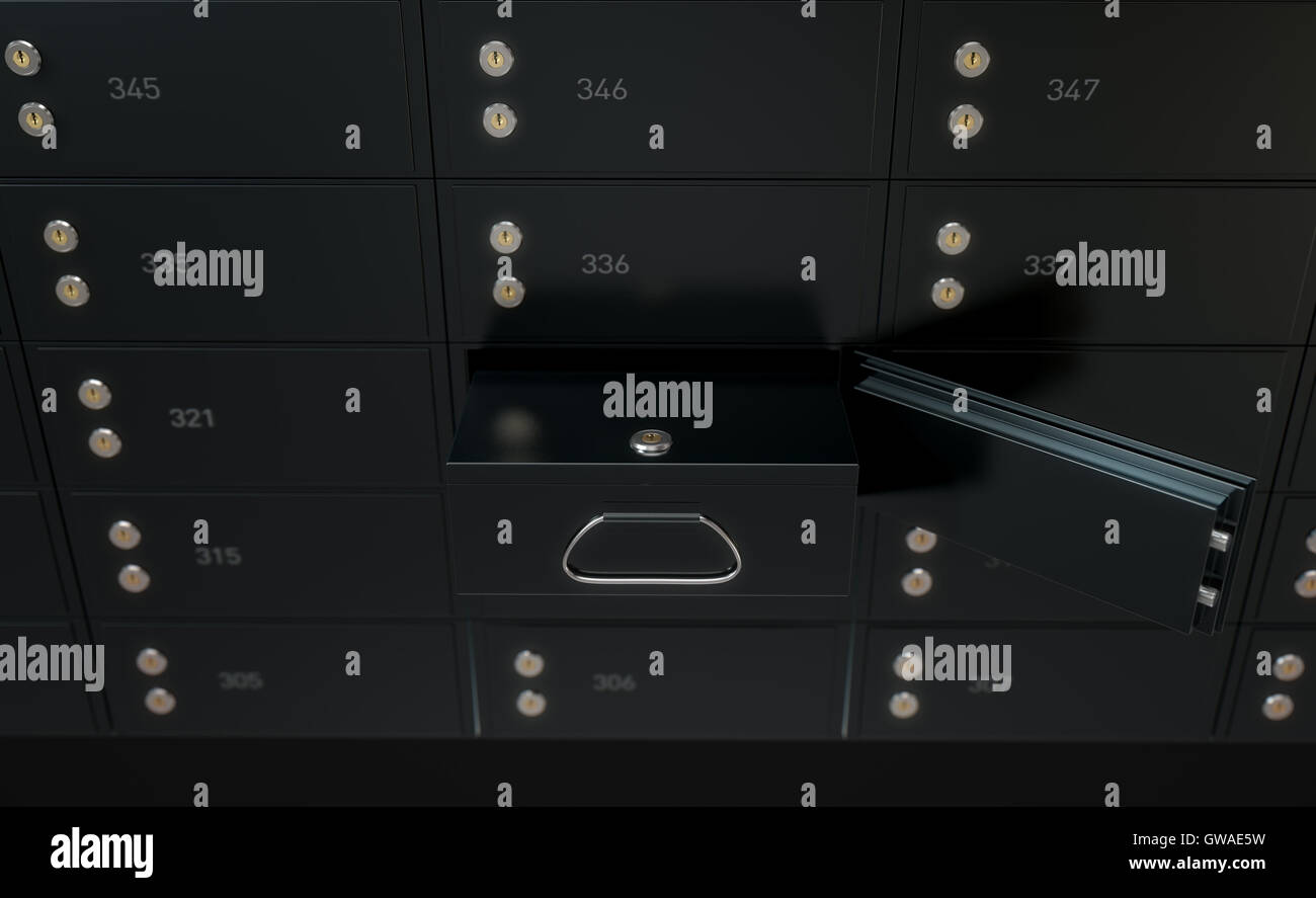 A 3D render of a wall of black numbered metal safe deposit boxes in a ...