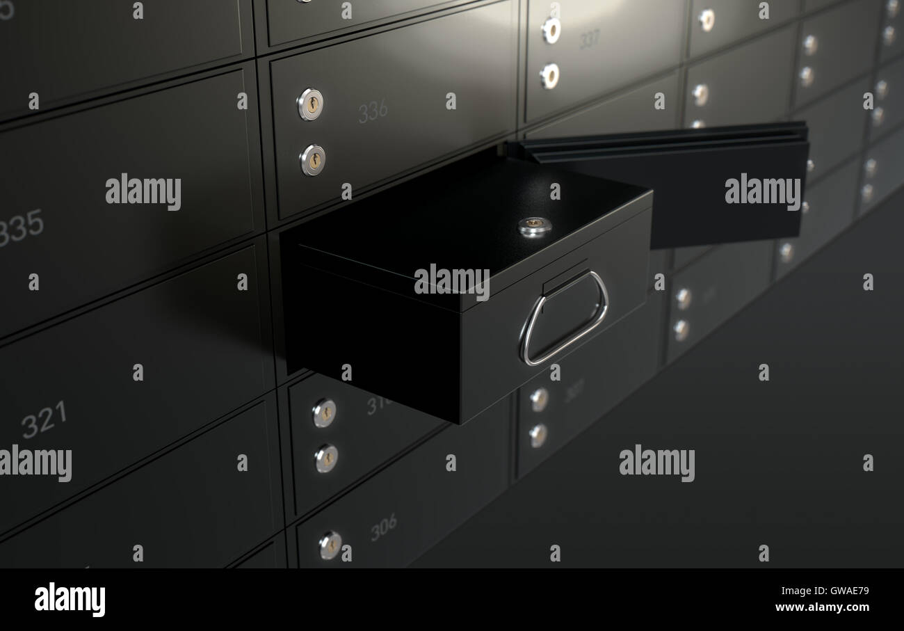 A 3D render of a wall of black numbered metal safe deposit boxes in a ...