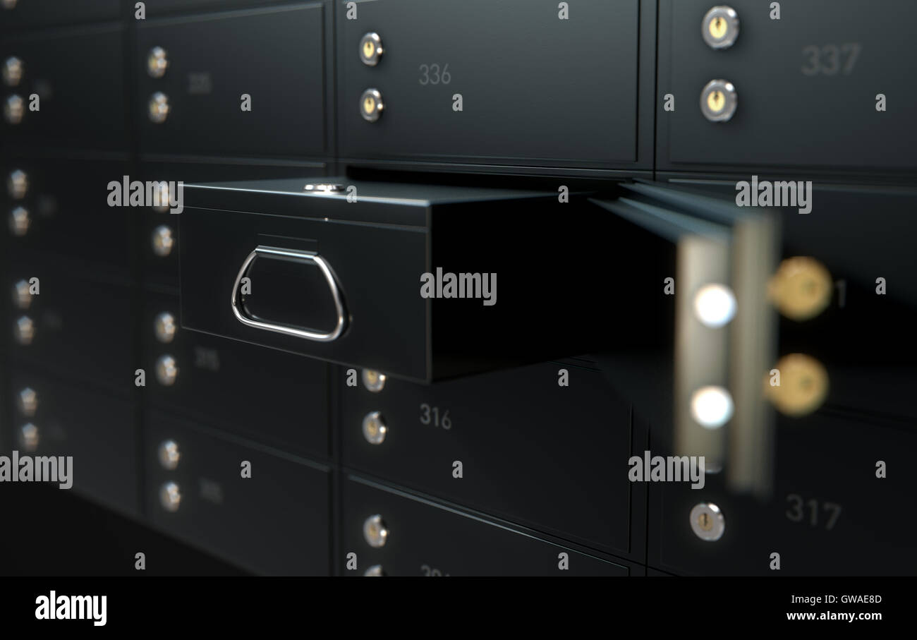 A 3D render of a wall of black numbered metal safe deposit boxes in a ...