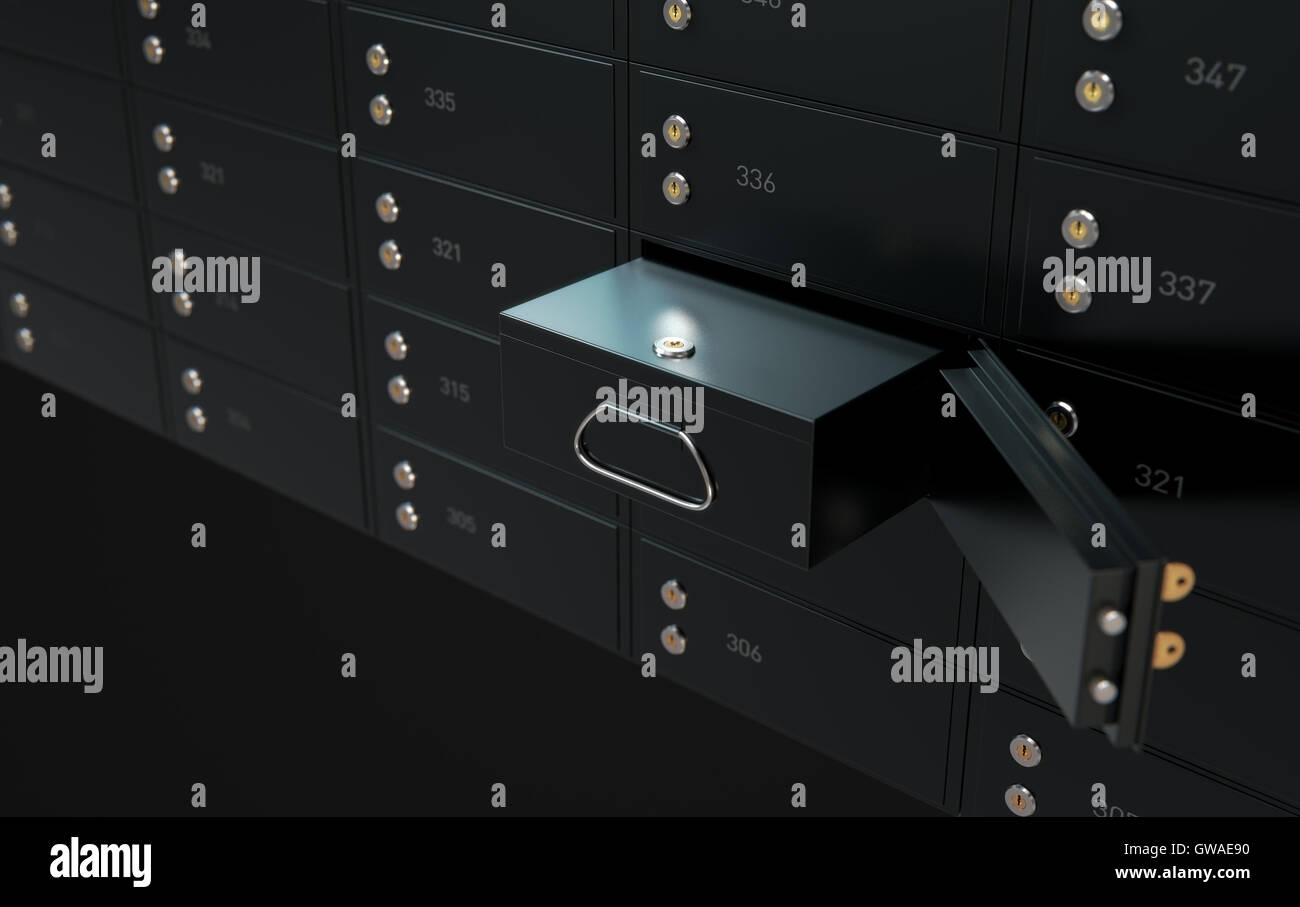 A 3D render of a wall of black numbered metal safe deposit boxes in a ...