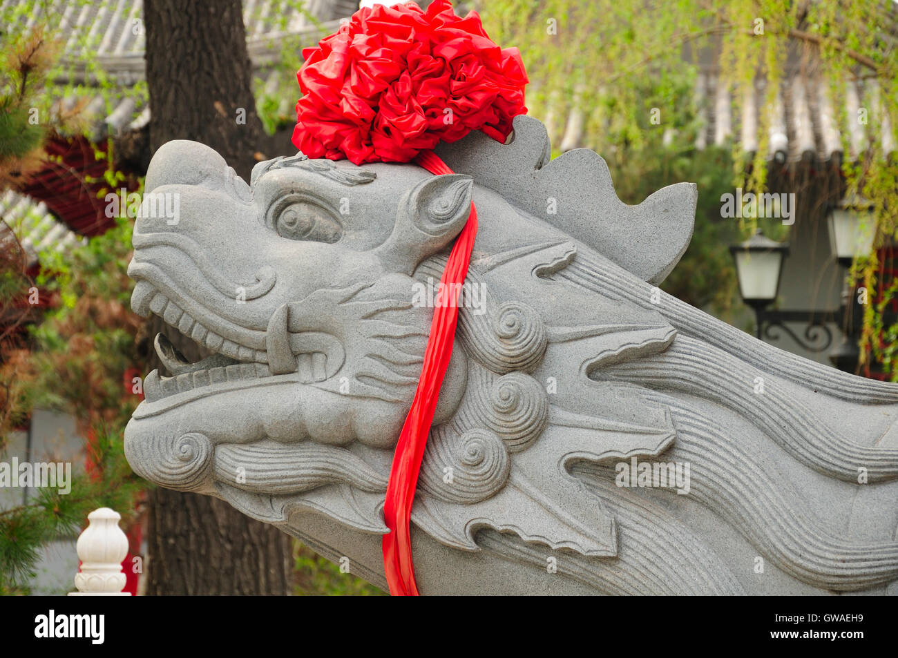 A stone chinese turtle head wrapped in a red ribbon at Jile temple ...
