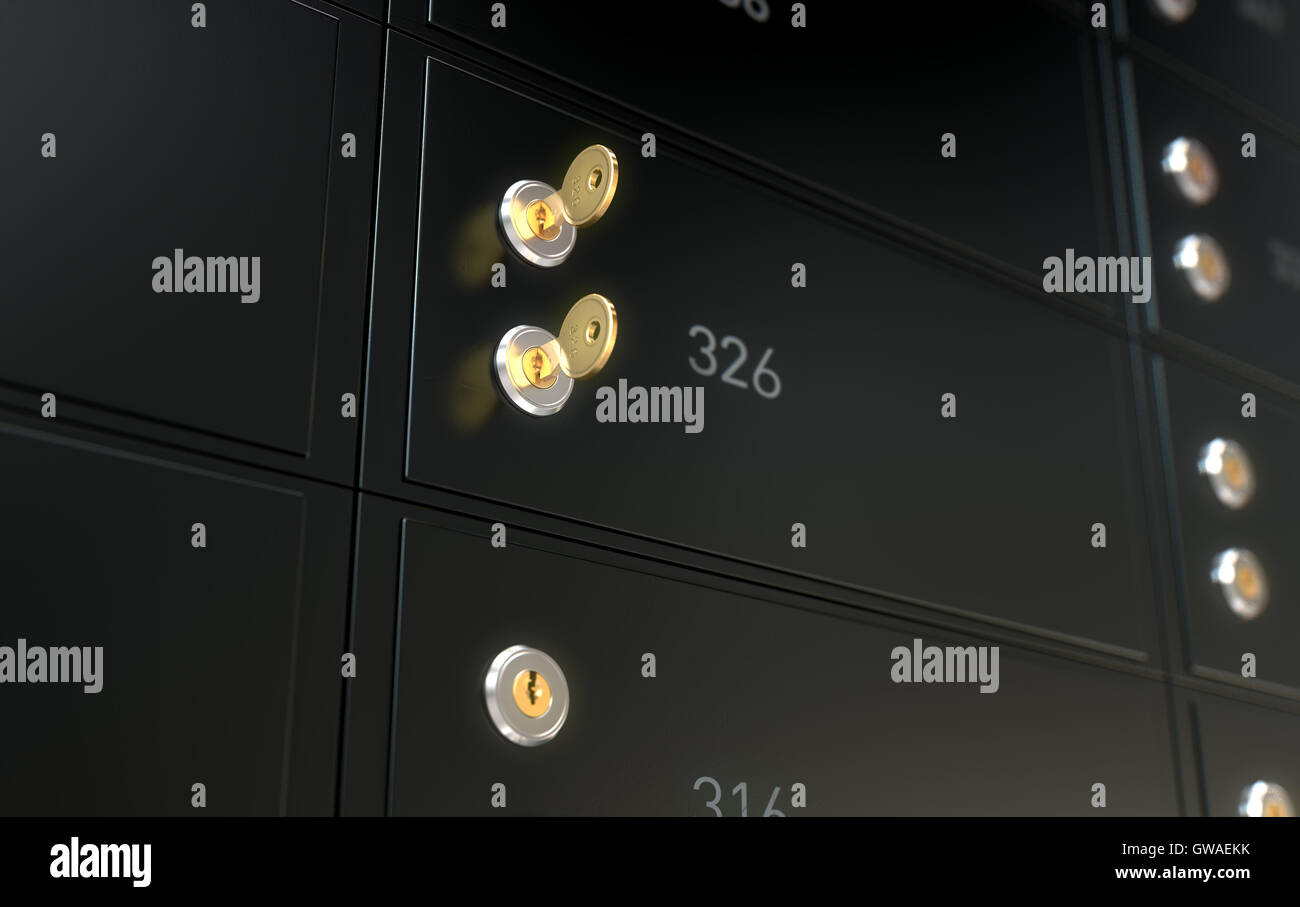 A 3D render of a closeup of a wall of closed black numbered metal safe ...