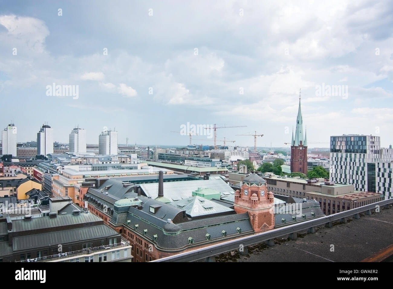 High angle cityscape with highrises and medieval churches in Stockholm ...