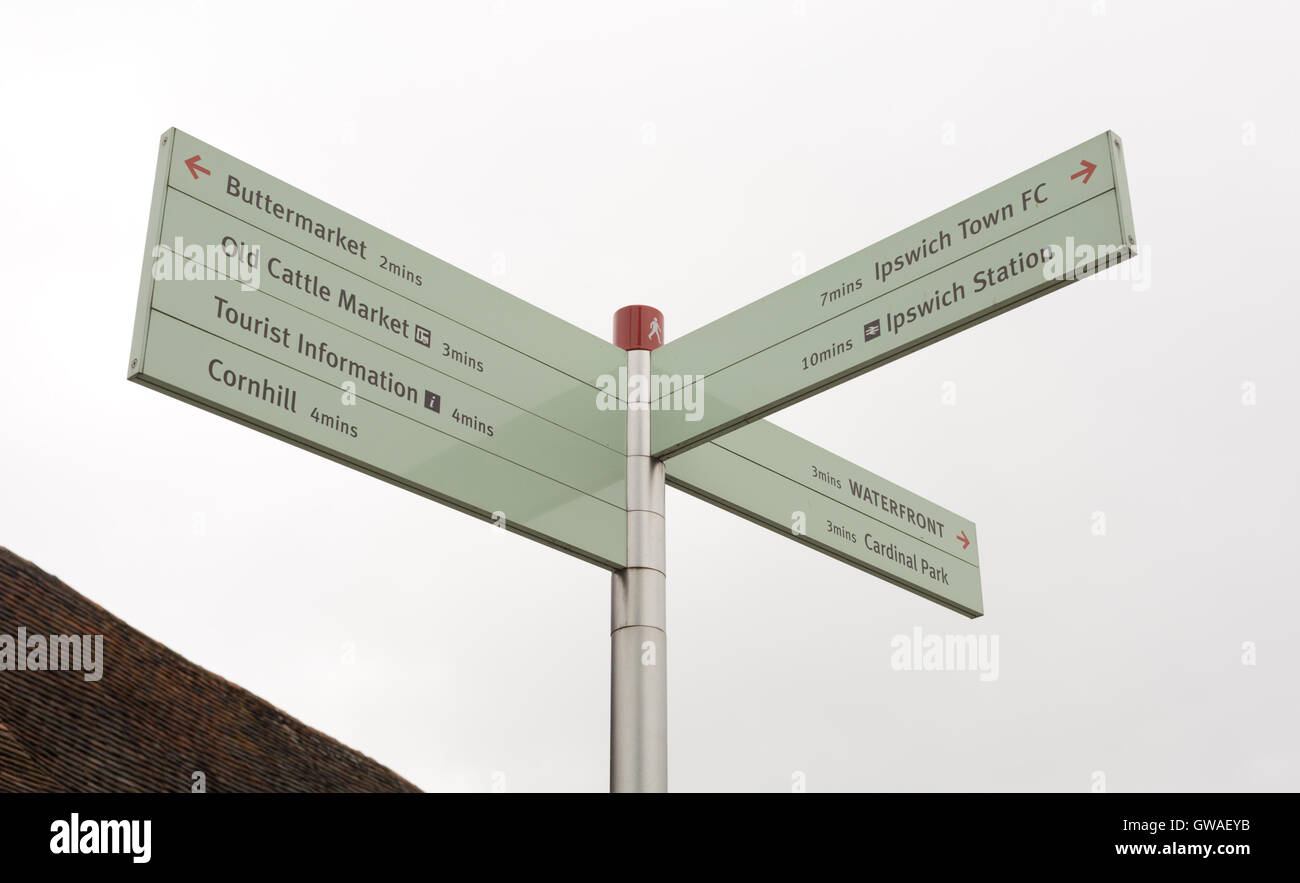 Signpost for walking pedestrian tourists to find landmarks in Ipswich ...