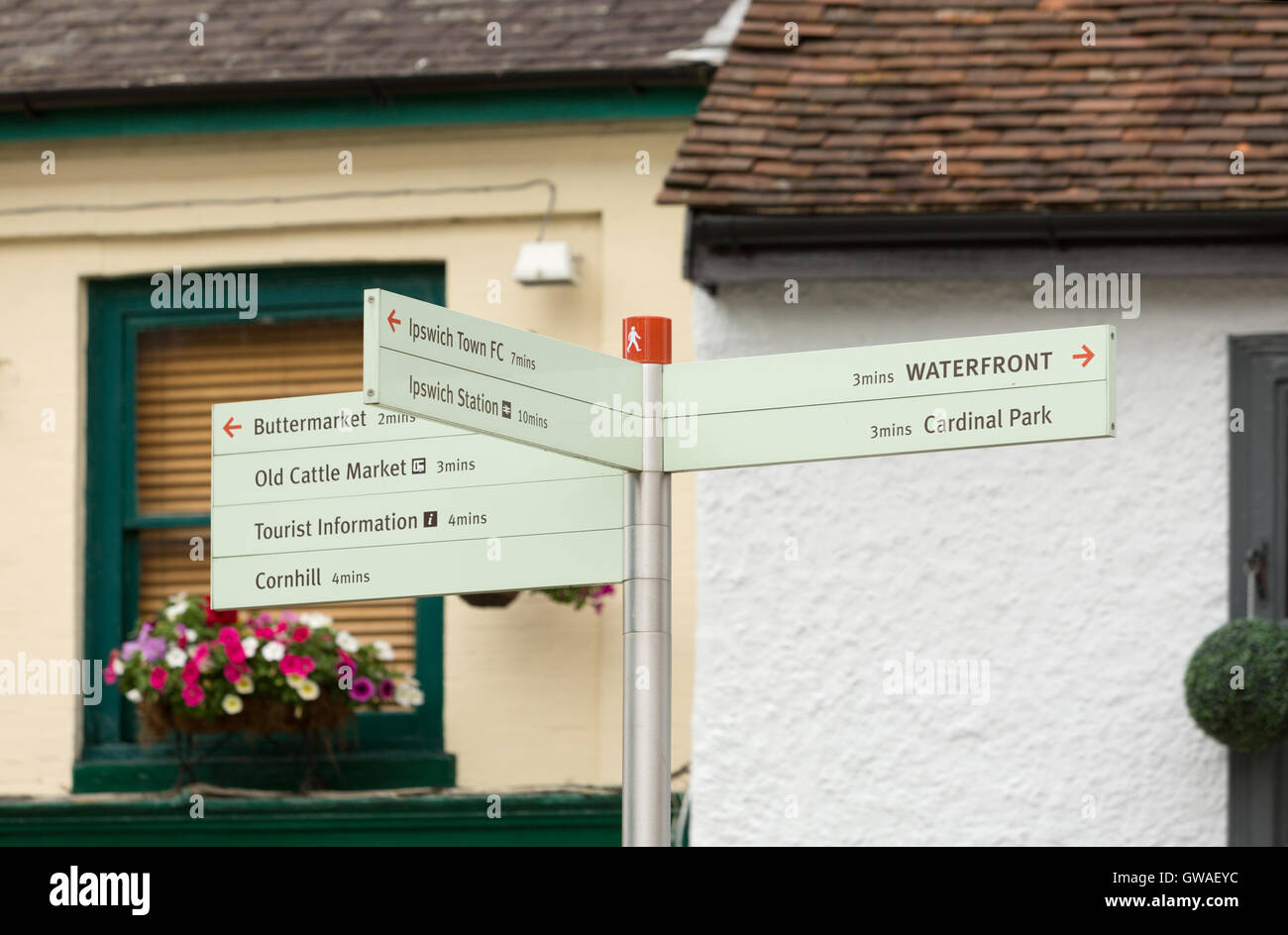 Signpost for walking pedestrian tourists to find landmarks in Ipswich ...