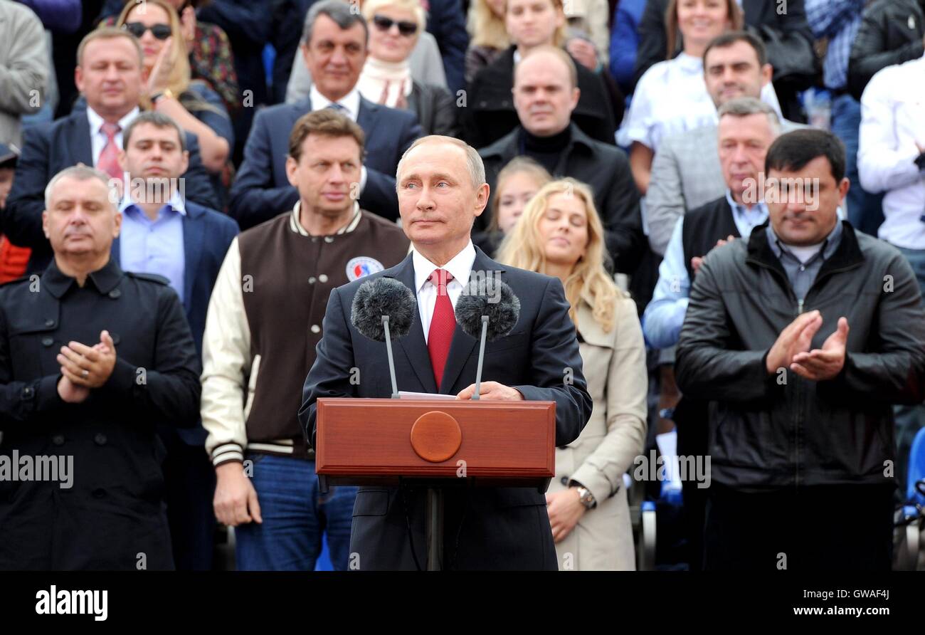 Russian President Vladimir Putin addresses the crowd during the Moscow ...