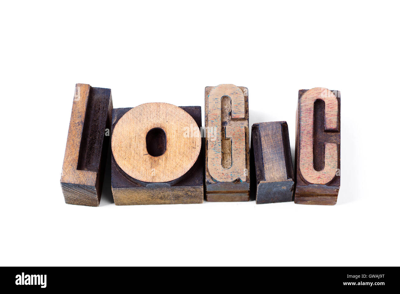 logic word made from scattered wooden letterpress type isolated on ...