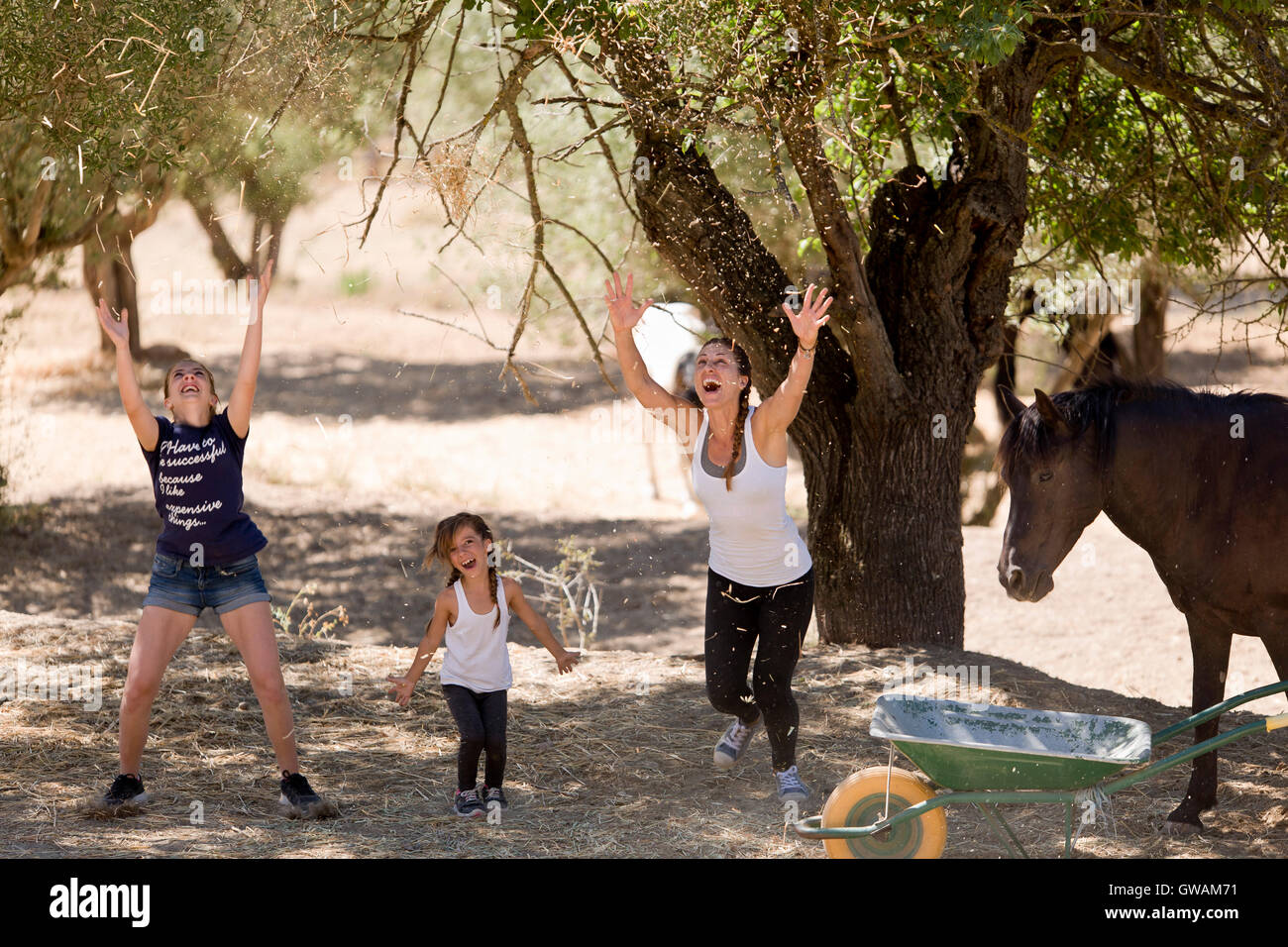 Girls playing on a horse farm Stock Photo - Alamy