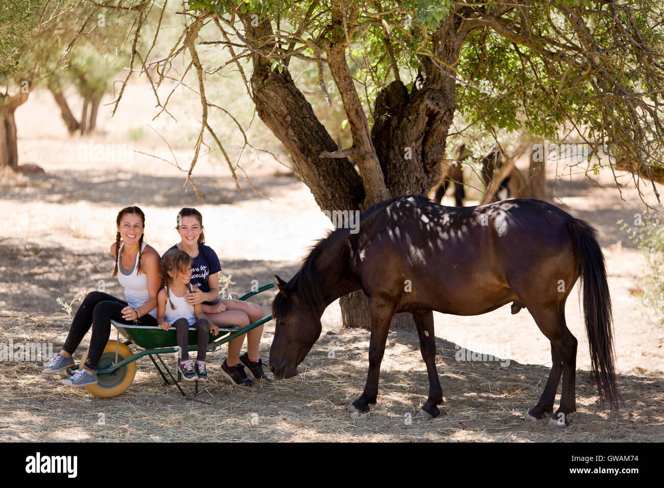 Girls playing on a horse farm Stock Photo - Alamy