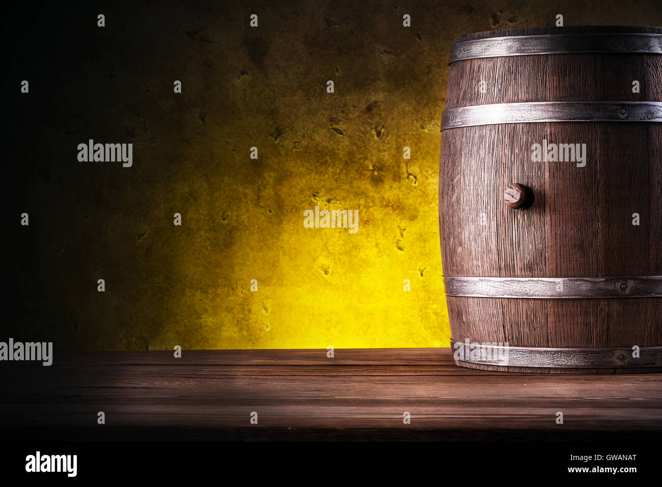 Standing on the board oak barrel with a dark background Stock Photo - Alamy