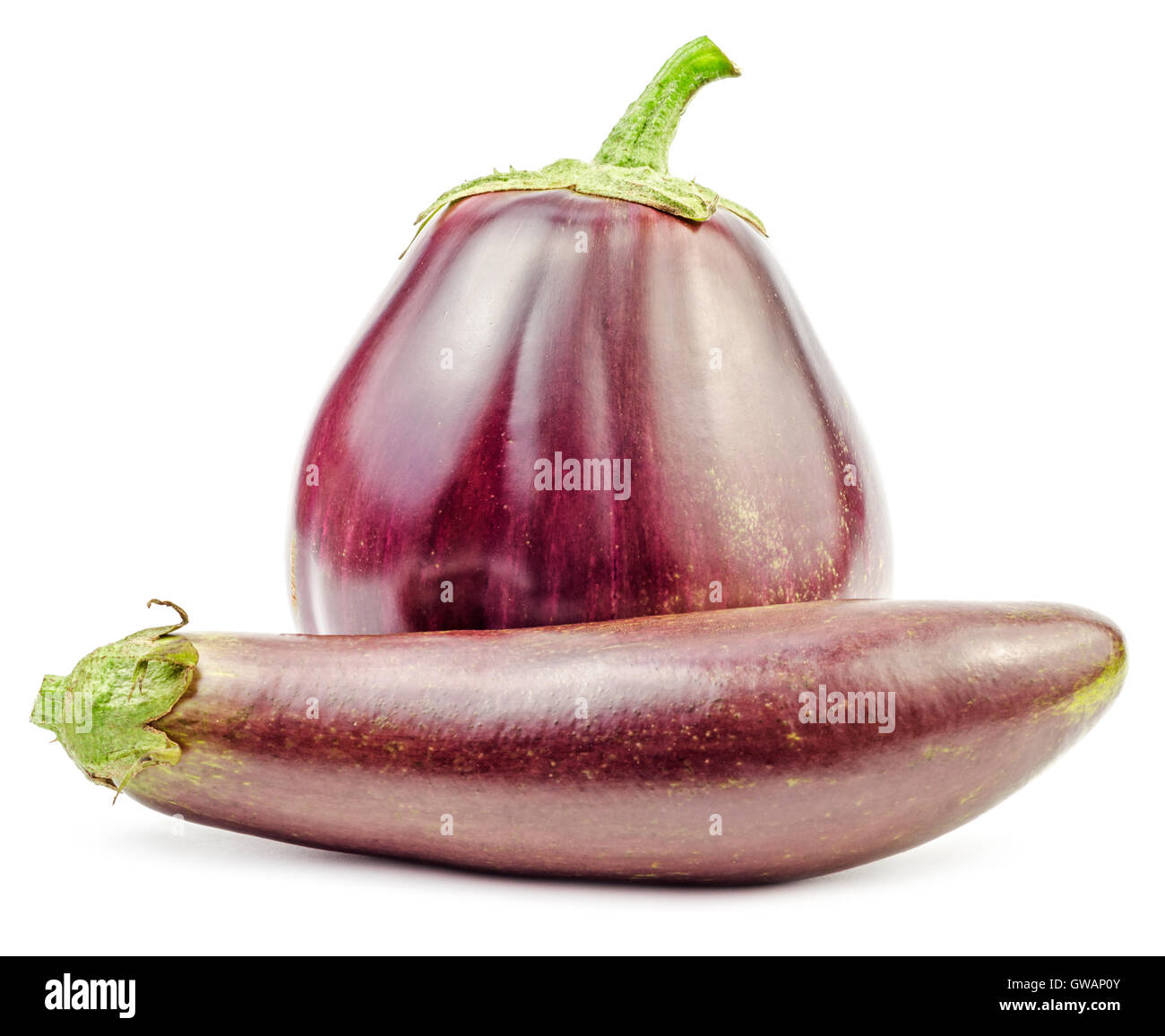 Two purple fresh raw eggplants isolated on white background Stock Photo ...