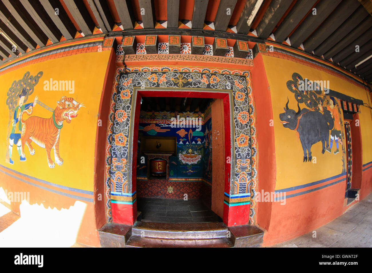 Traditional paintings inside the Paro Dzong, Paro, Bhutan Stock Photo ...