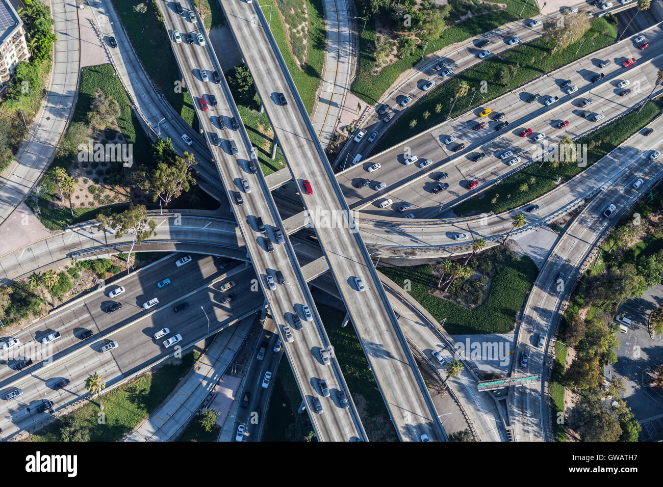 Los Angeles Harbor 110 and Hollywood 101 freeway interchange traffic Stock Photo - Alamy