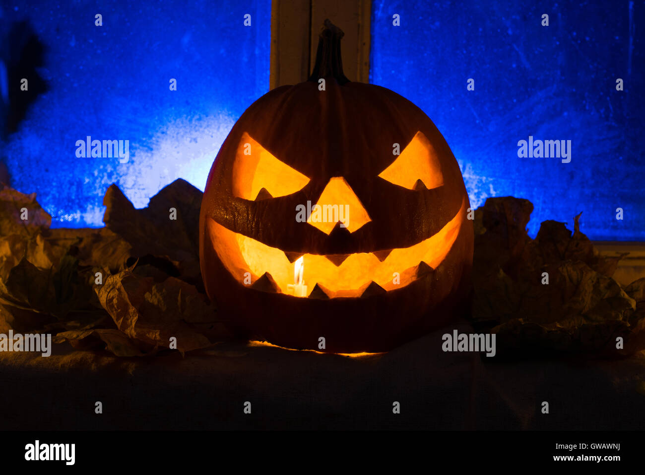Pumpkin photo for a holiday Halloween. Very angry Jack pumpkin against ...
